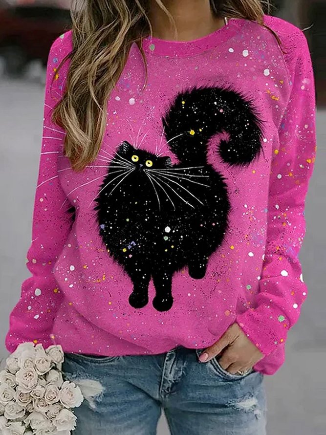 Crew Neck Cat Loose Casual Sweatshirt | Zolucky_usapp