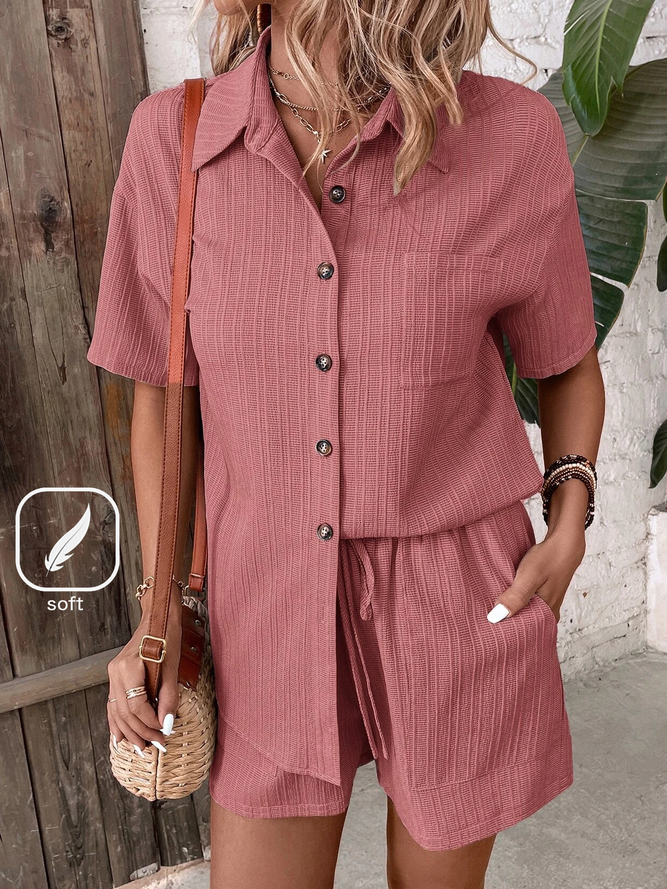 Plain Buckle Shirt Collar Casual Two-Piece Set | Sets | Casual Plain ...