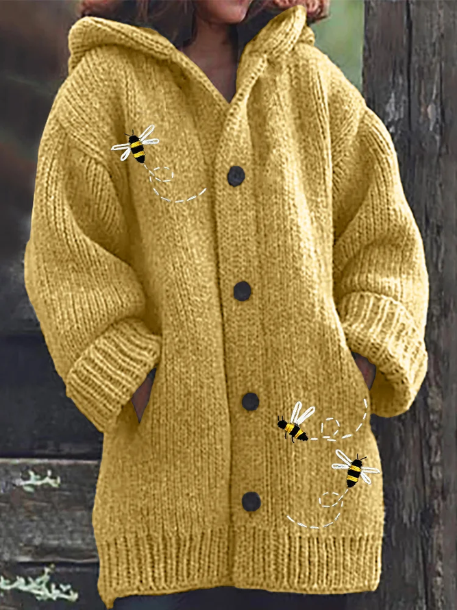 Flying Bees Embroidery Cozy Knit Hooded Cardigan | Tops | Women Casual ...